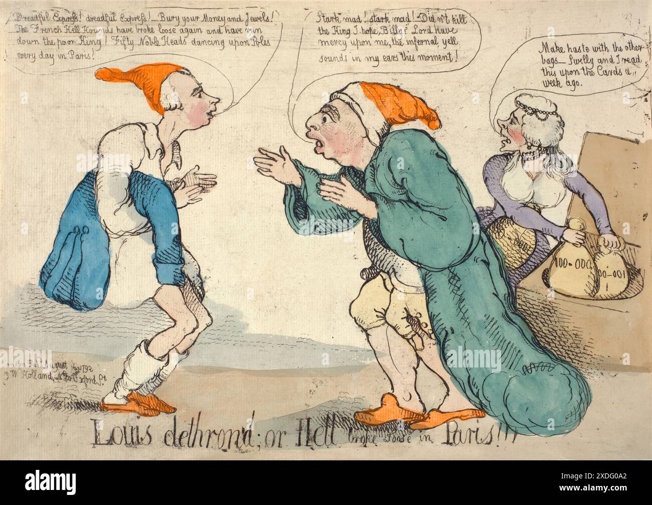 A Humorous cartoon print coloured engraving of King Louis dethroned or ...