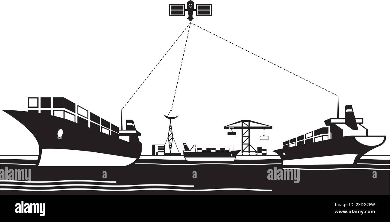 GPS navigation between industrial ships and cargo terminal - vector ...