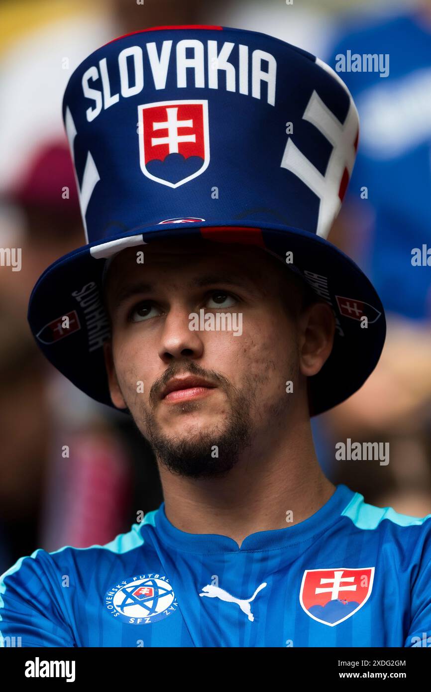 Dusseldorf, Germany. 21 June 2024. A fan of Slovakia is seen prior to ...
