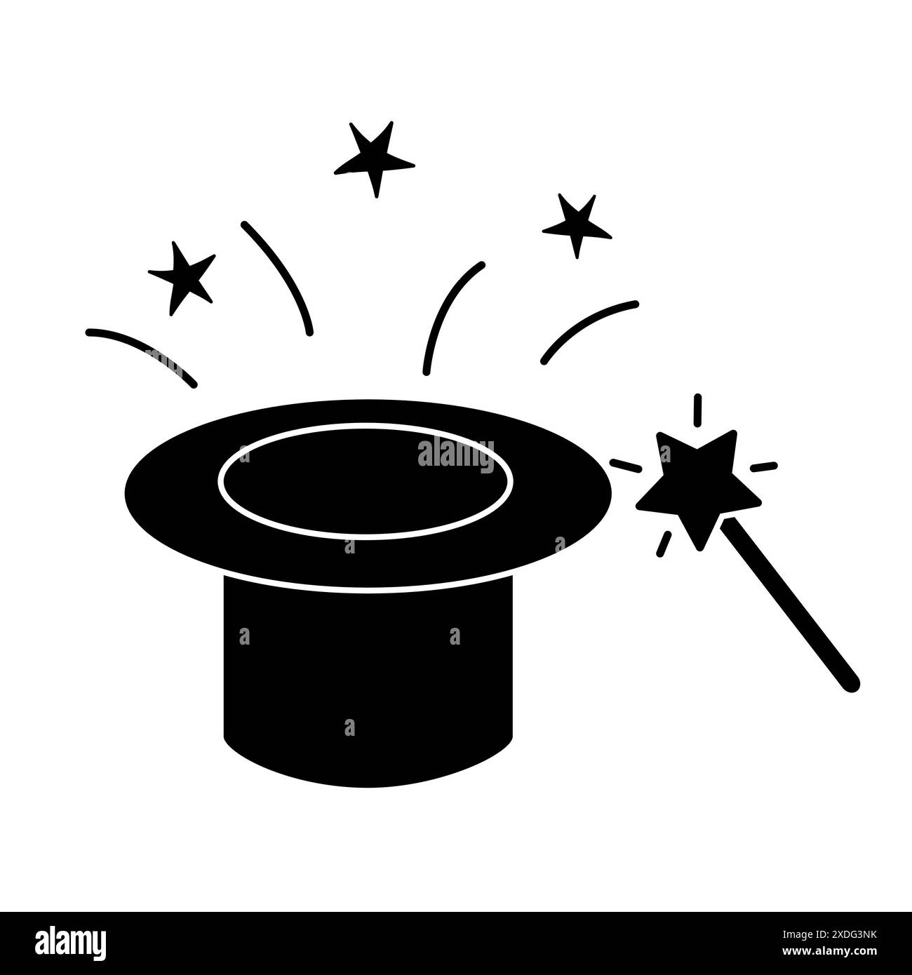 Black silhouette of wizard or magician hat and magic wand, glyph icon ...