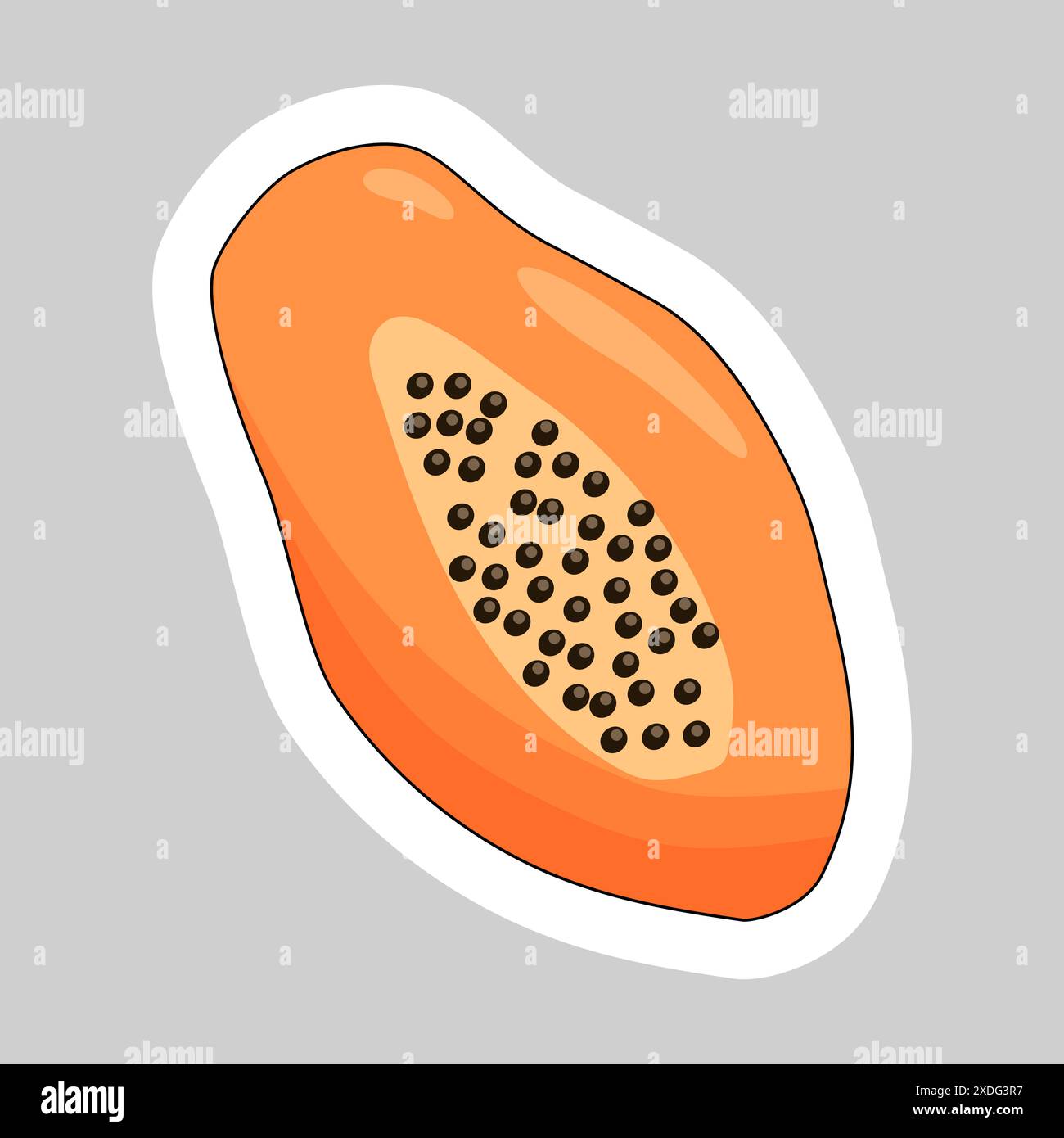 Sticker with ripe papaya fruit in cut, cartoon style summer fruit ...