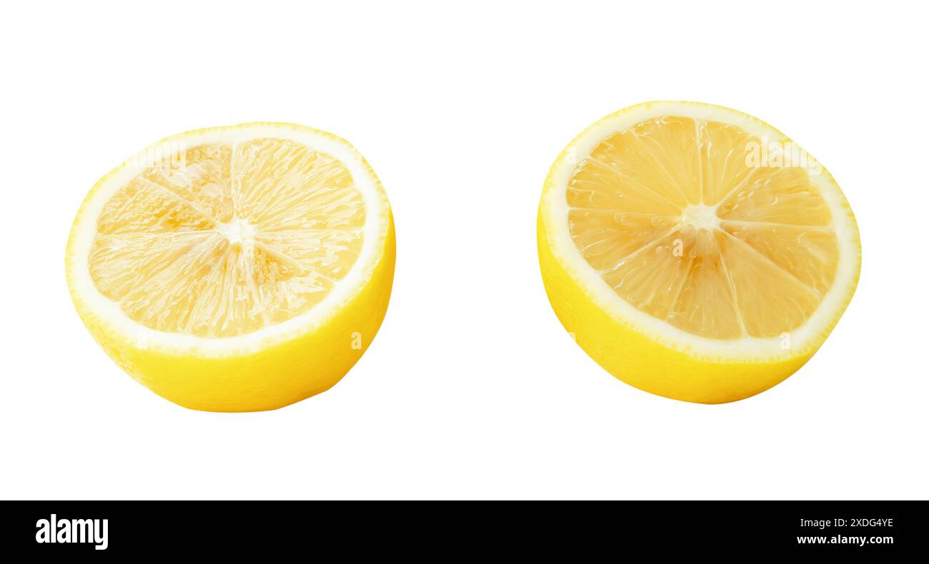 Side view set of fresh yellow lemon halves is isolated on white background with clipping path ...