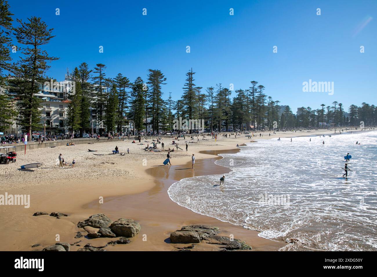 Manly Beach Sydney, blue sky winters day in Australia, with people ...