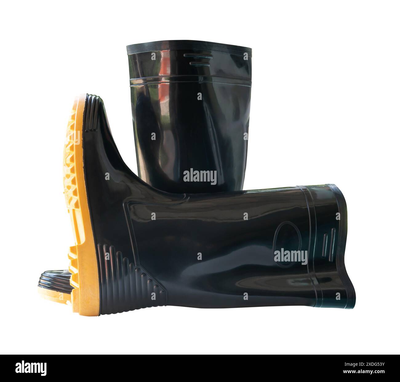 Side view of black gumboots or black rubber boots for working in garden ...