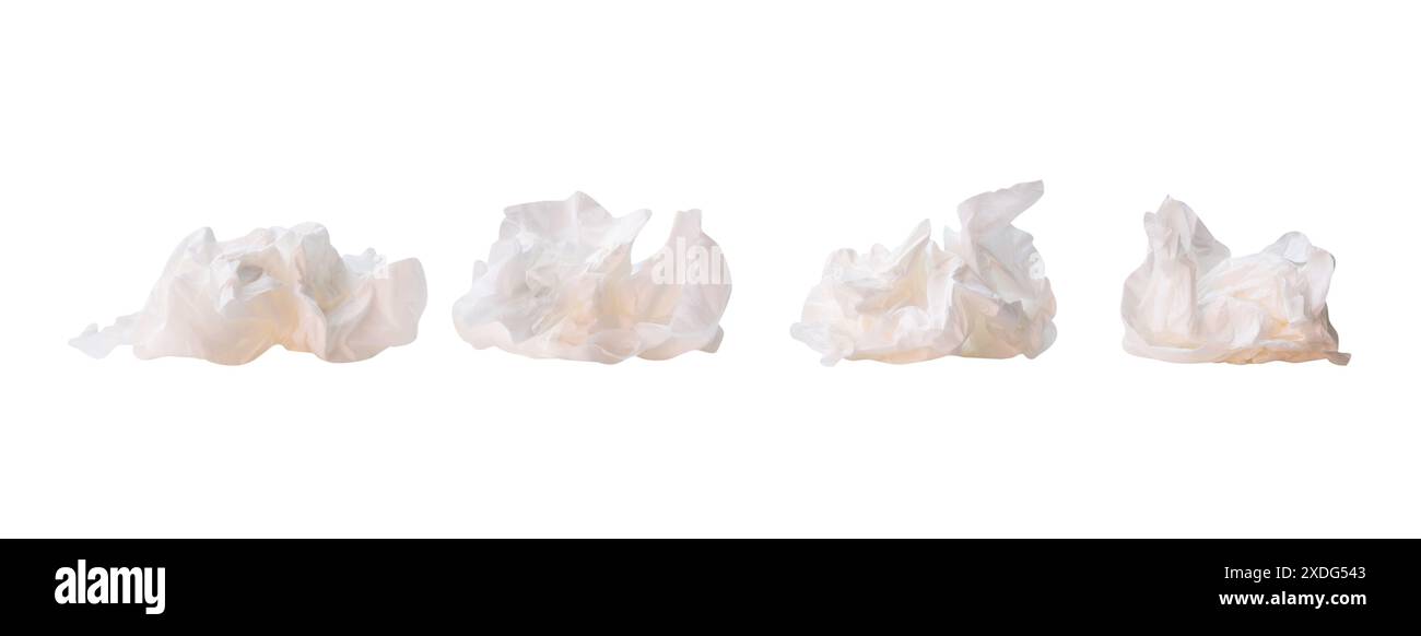 Front view set of screwed or crumpled tissue paper balls after use in ...