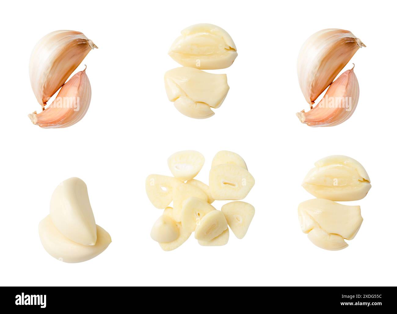 Top view set of peeled and unpeeled garlic cloves with pounded garlic ...