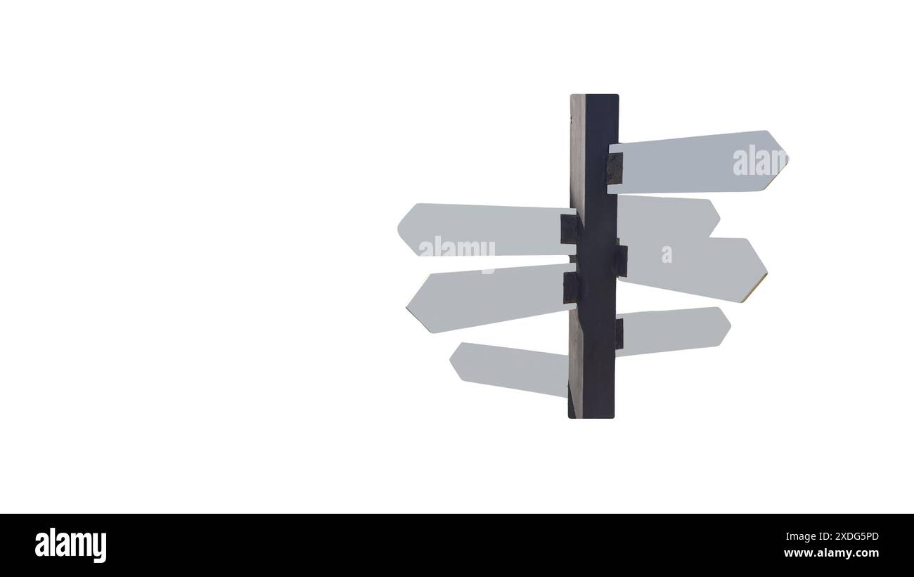 A cut-out of a white direction sign pointing to various places on a ...