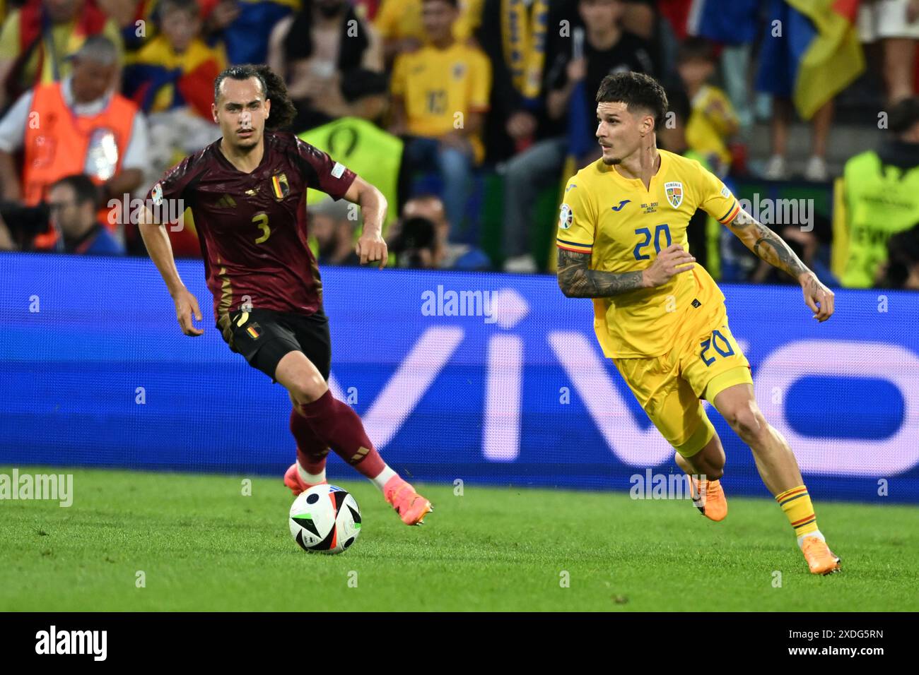 Dennis Man (Romania)Arthur Theate (Belgium) during the UEFA Euro ...