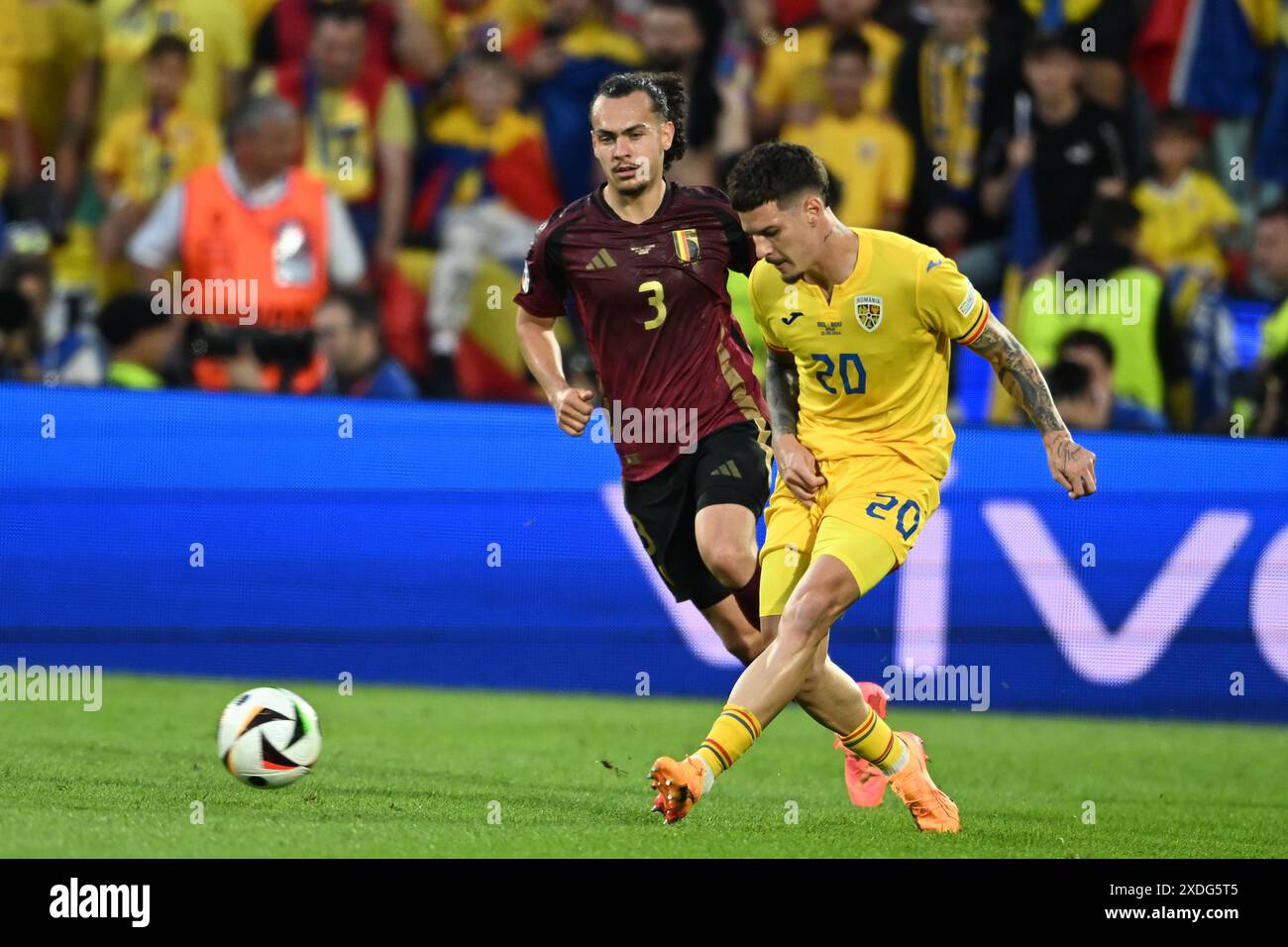 Dennis Man (Romania)Arthur Theate (Belgium) during the UEFA Euro ...