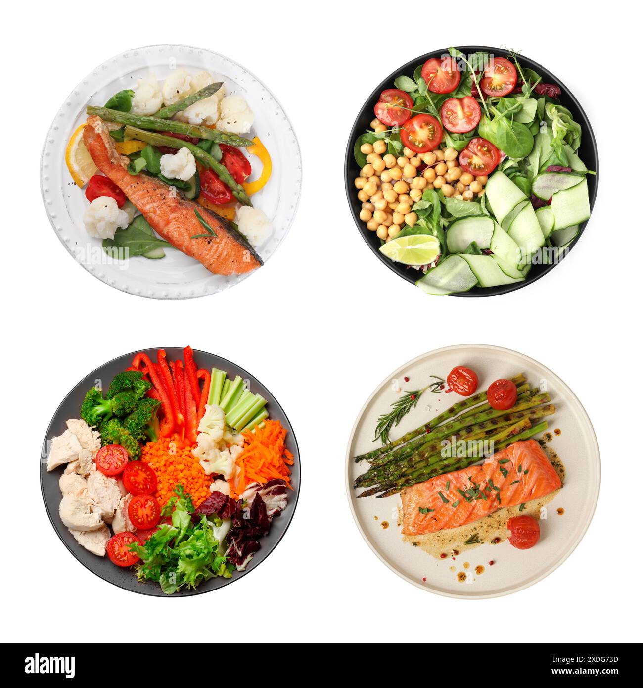 Set of different healthy meals on white background, top view Stock ...