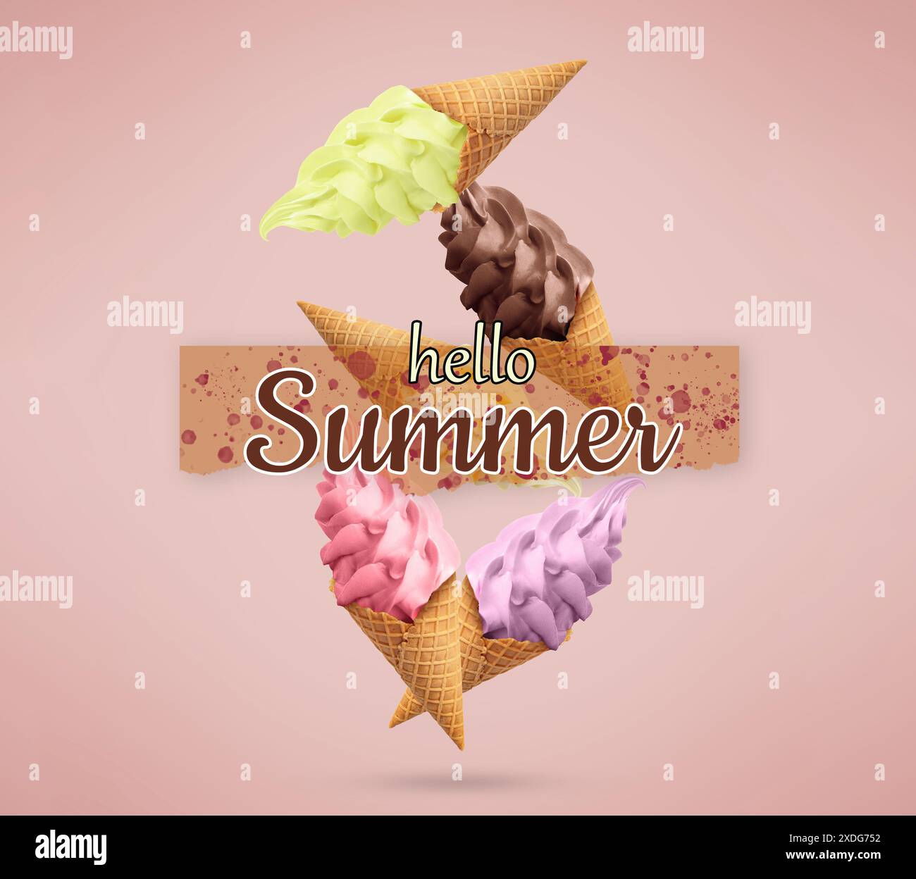 Hello Summer. Tasty ice cream in crispy cones in air on dusty rose ...