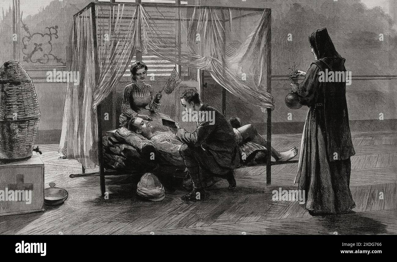 A wounded British soldier being visited in an Egyptian hospital by a ...