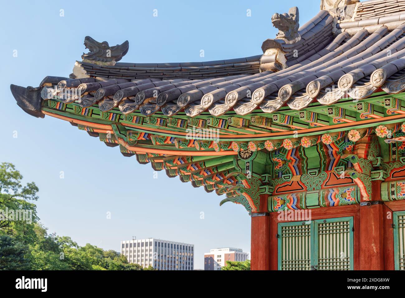 Closeup view of scenic black tile roof of Changdeokgung Palace in Seoul ...