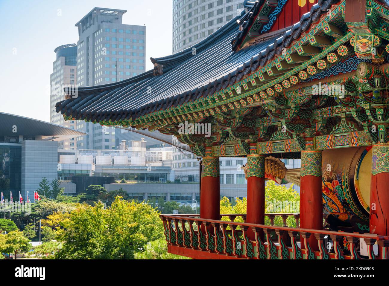 Awesome view of traditional colorful roof of Buddhist temple and scenic ...