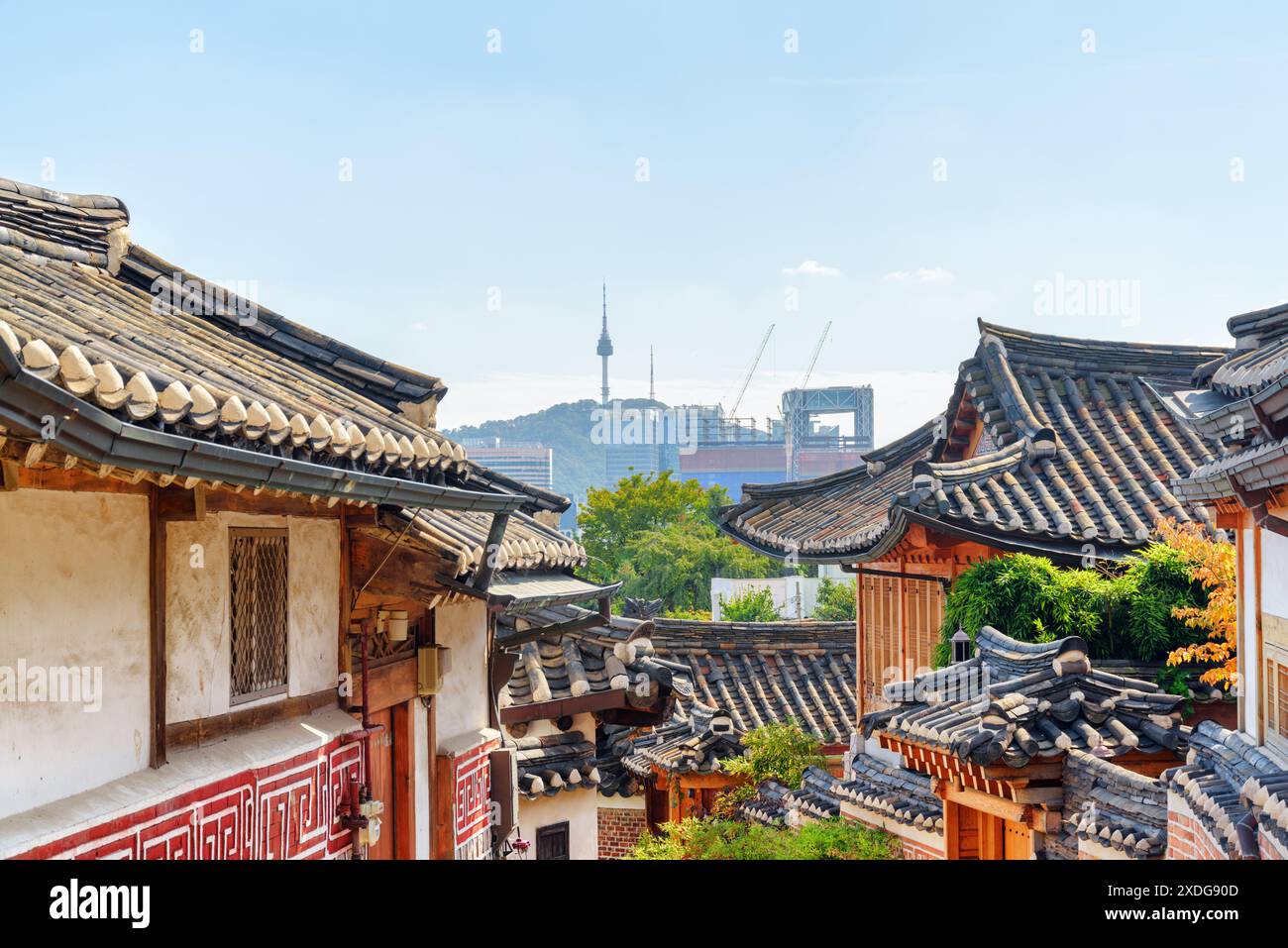 View of cozy old narrow street and traditional Korean houses of Bukchon ...