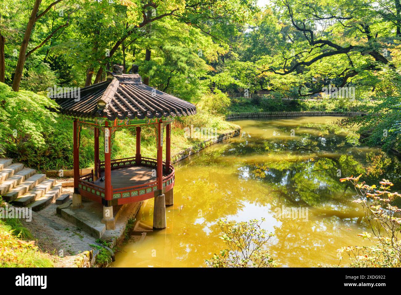 Awesome view of colorful pavilion in Huwon Secret Garden of ...
