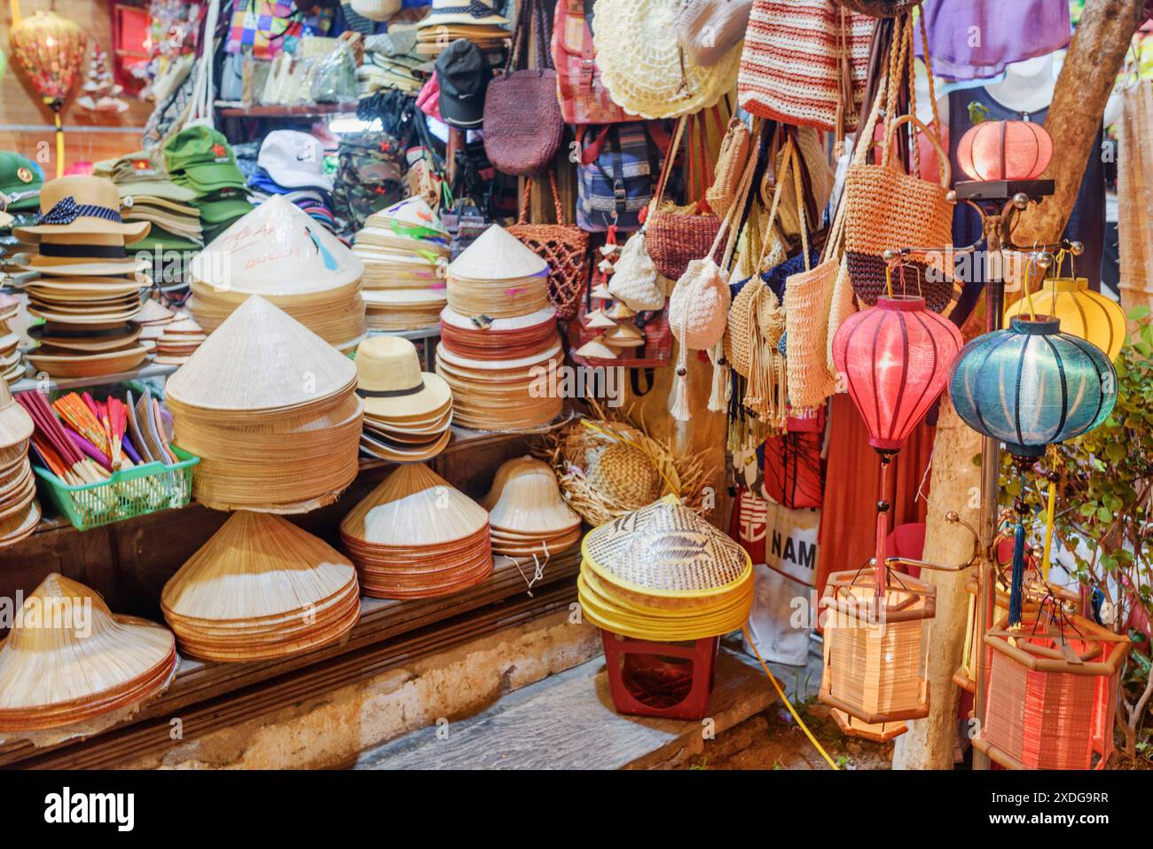Traditional gift shop in Hoi An Ancient Town. Wide range of bamboo hats ...