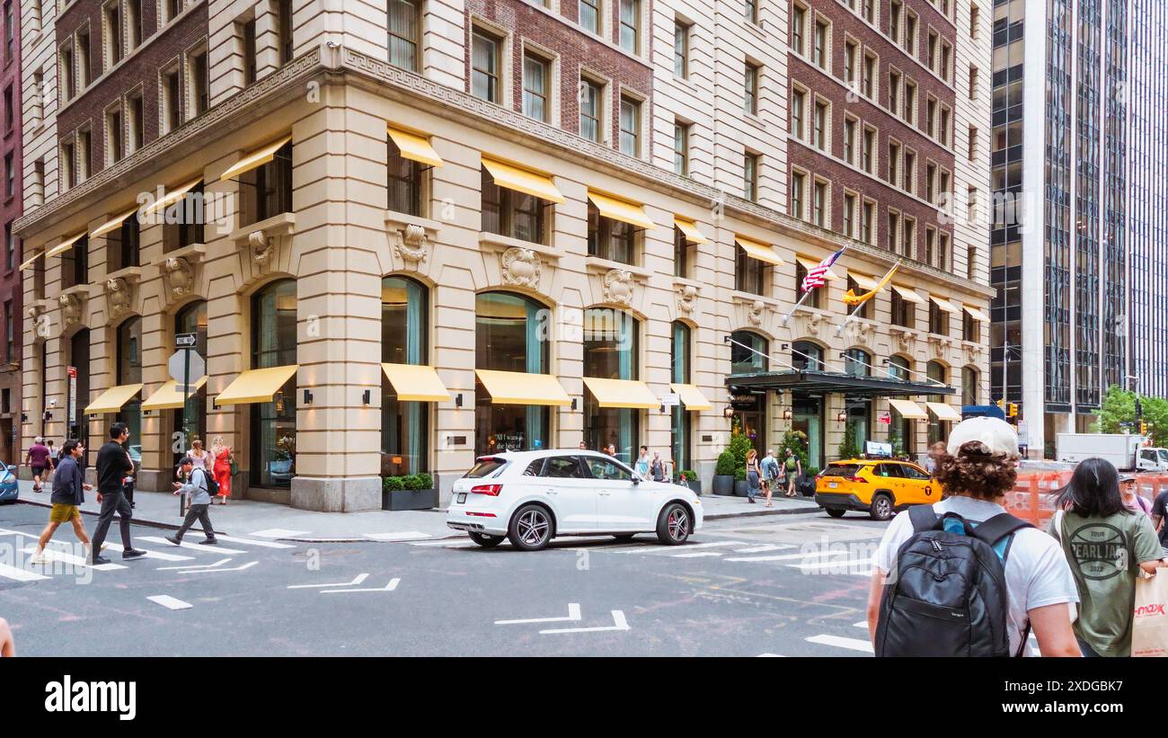 New York City Street View of Residential Buildings and Passing Cars New York NY USA 2023-07-30 ...