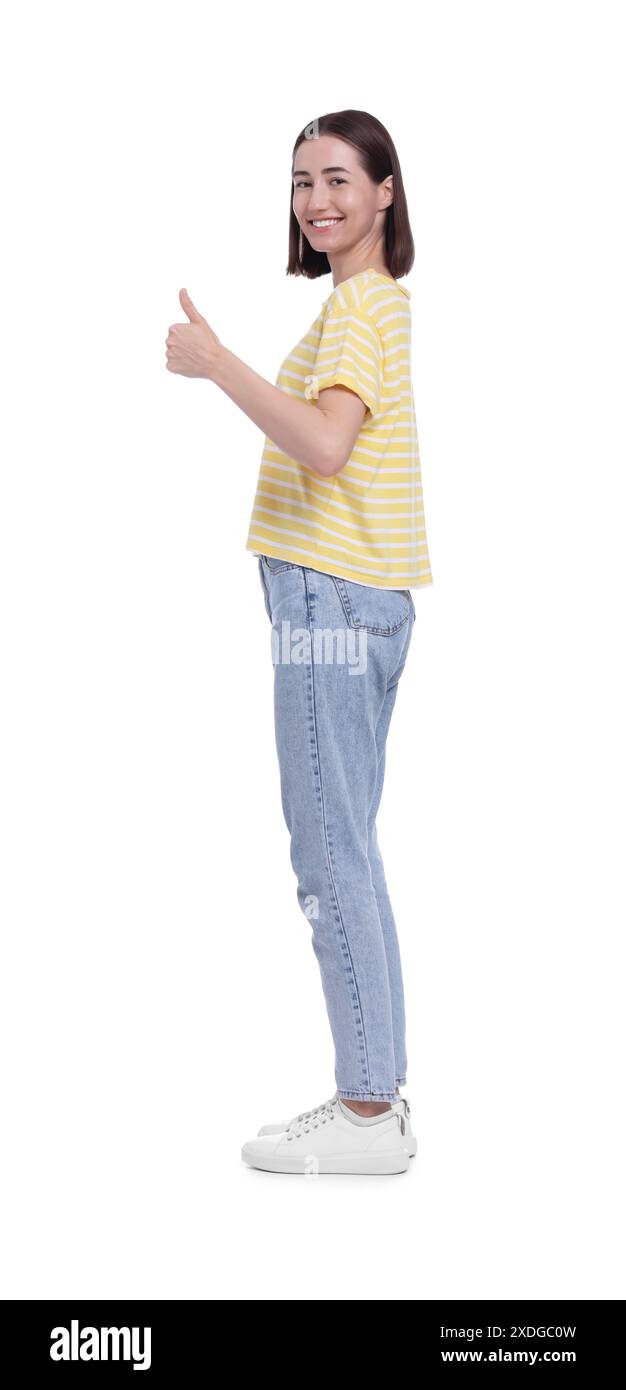 Woman with good posture showing thumbs up on white background Stock ...