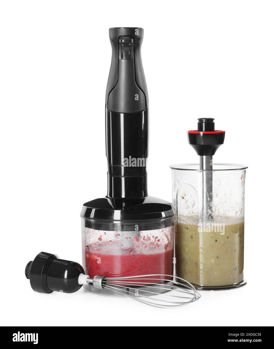 Hand blender kit and mixtures of ingredients isolated on white Stock ...