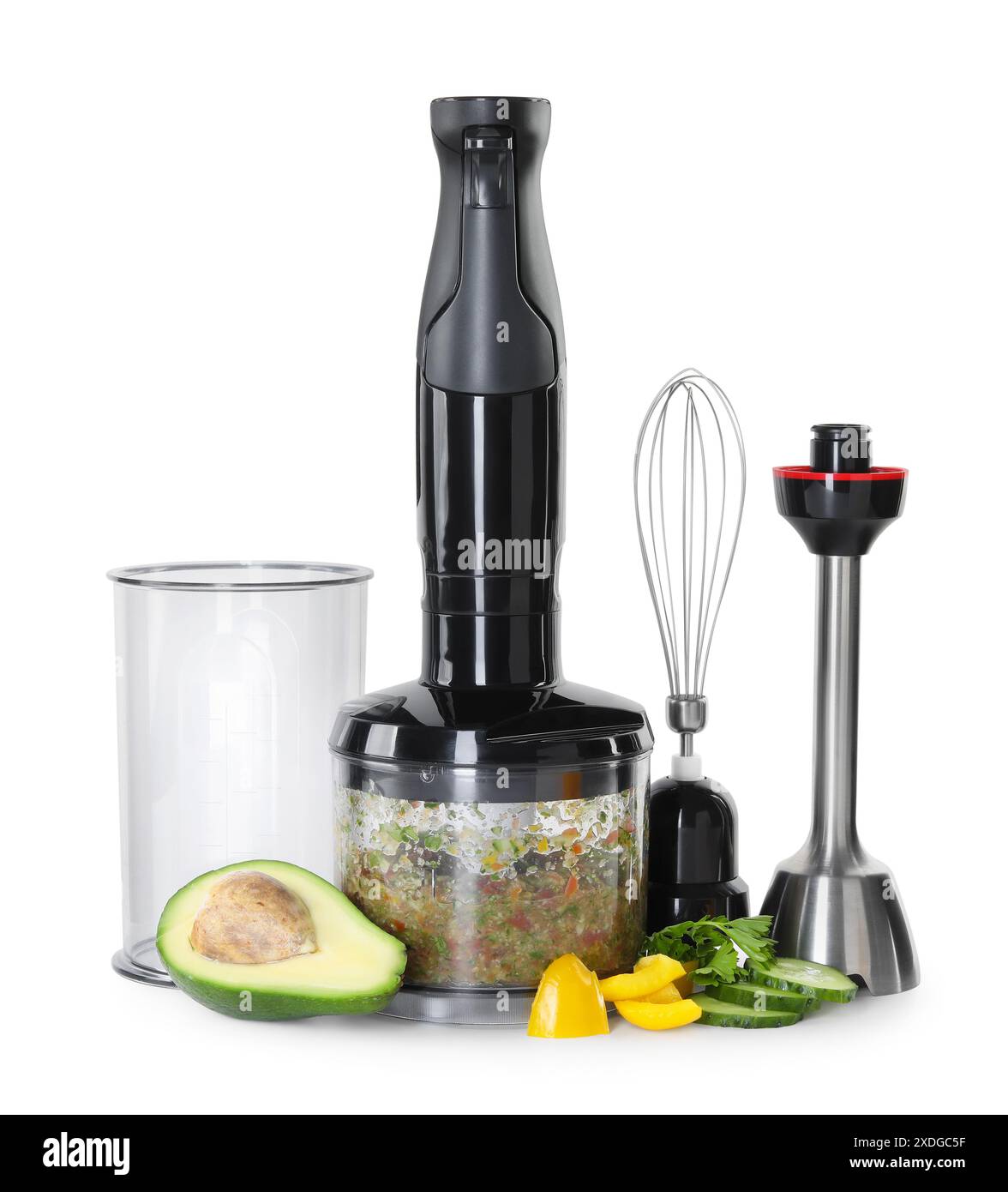 Hand blender kit and fresh products isolated on white Stock Photo - Alamy