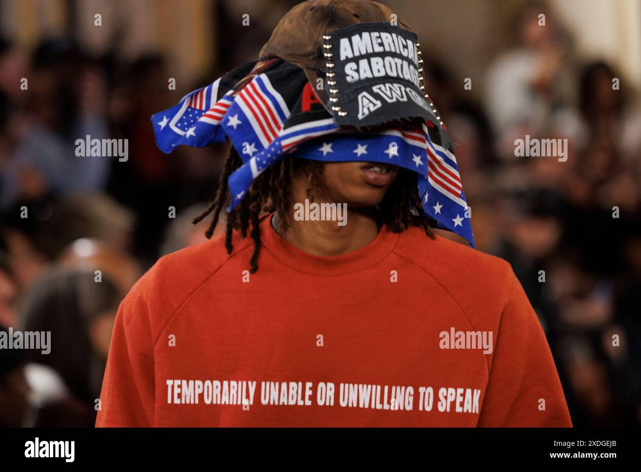 A model wears a creation for the American Sabotage Spring Summer 2025 ...