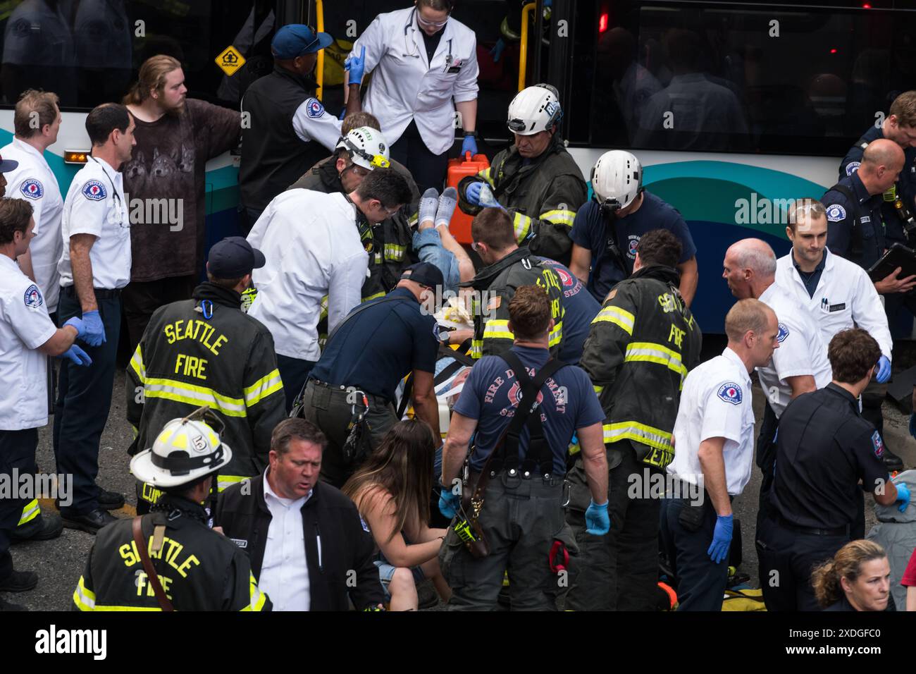 Seattle, USA. 22nd Jun 2024. Mass injury after a metro bus collides ...
