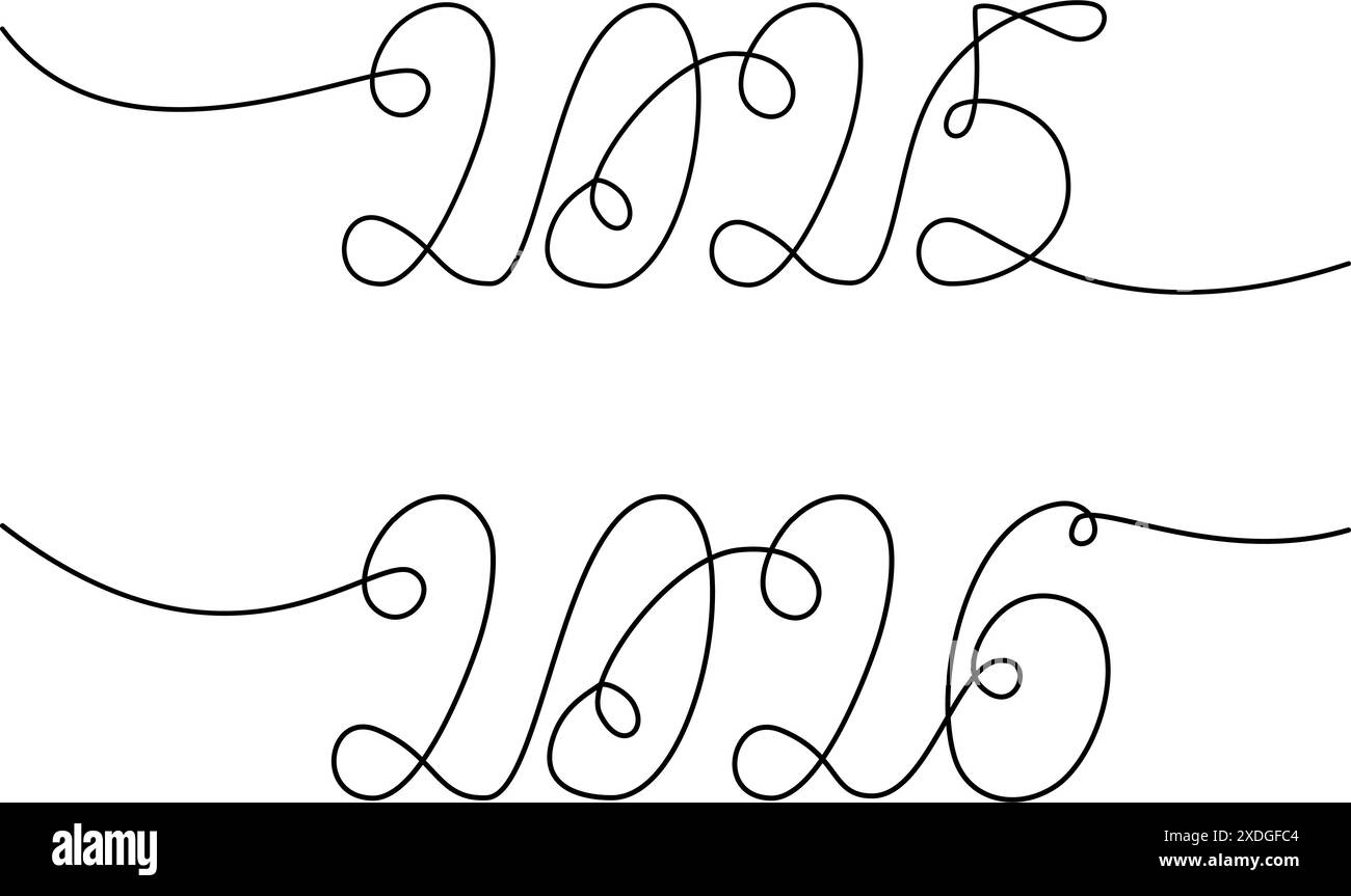 2025 2026 Hand lettering of New Year dates continuous line on ...