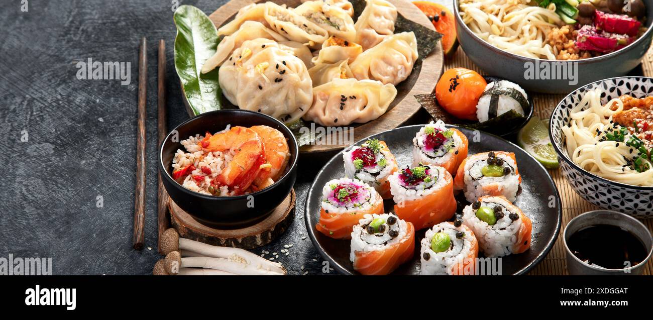 Assorted Chinese food set. Chinese noodles, fried rice, dumplings, dim ...