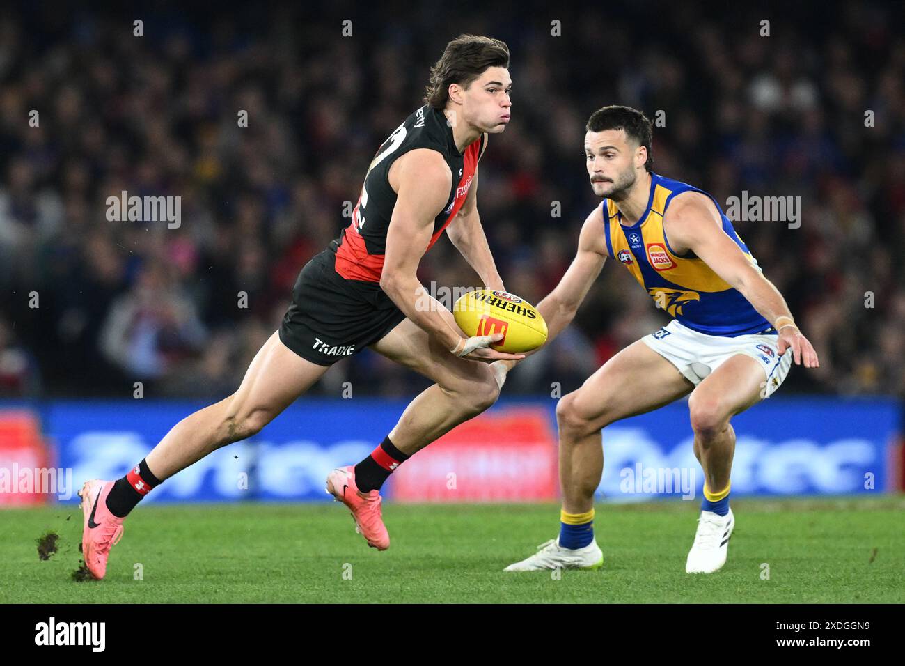 Melbourne, Australia. 23rd June, 2024. Sam Durham of the Bombers (left ...