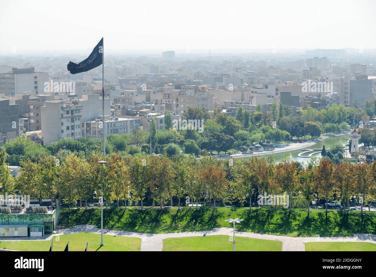 Tehran, Iran - 19 October, 2018: Black flag fluttering over Tehran ...