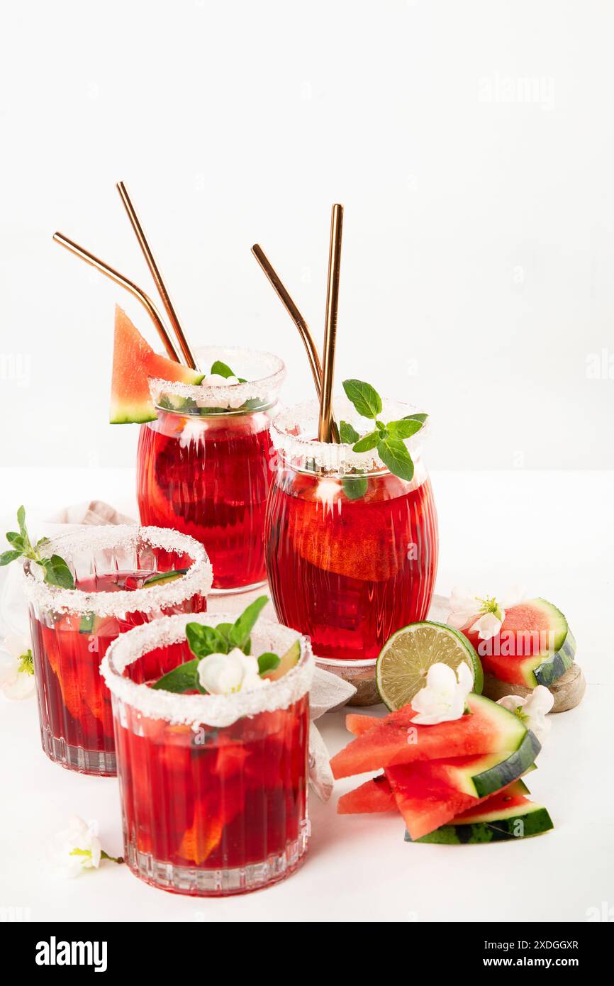 Cold watermelon smoothie. Summer watermelon drink and slices of ...