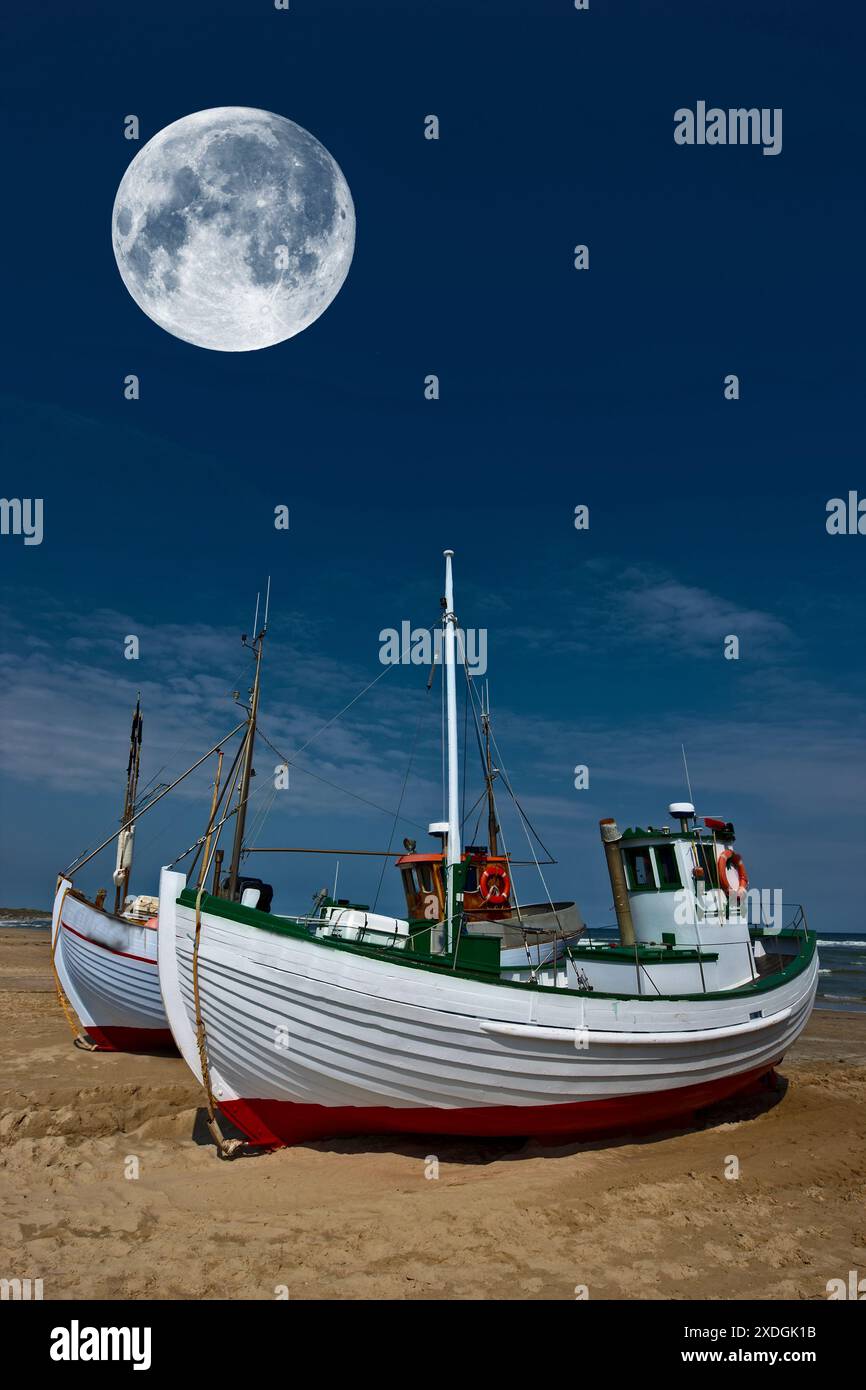 Full moon, sky and fishing boat on beach for nature environment, peace ...