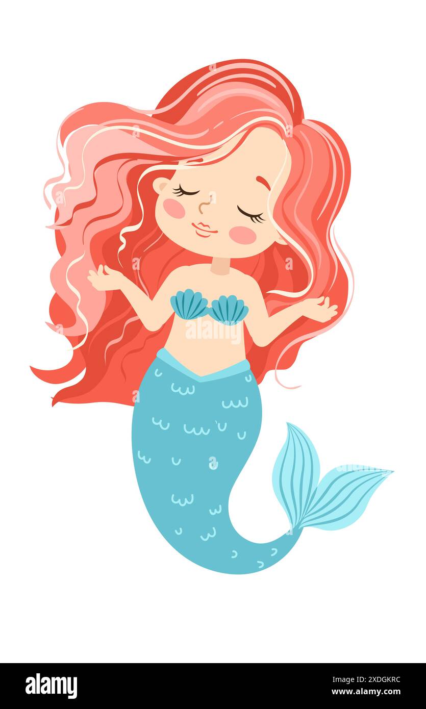 Hand drown vector illustration. Beautiful Girl Mermaid with pink hair isolated on white ...