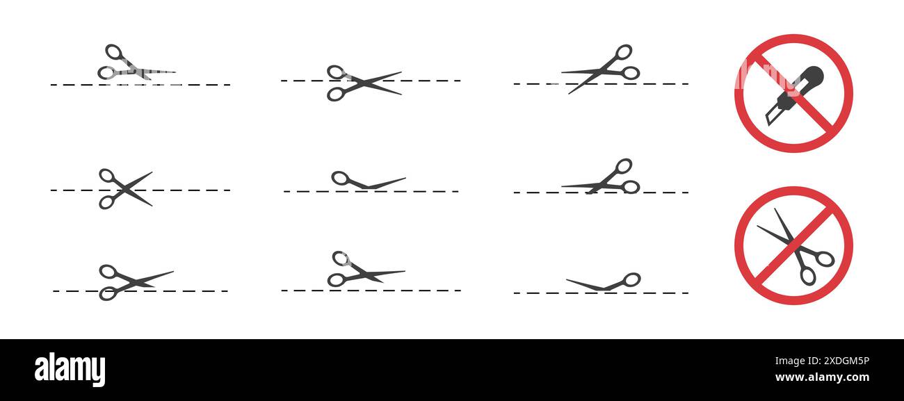Cut here. Black scissors cutting. Set of cut dash lines isolated on ...
