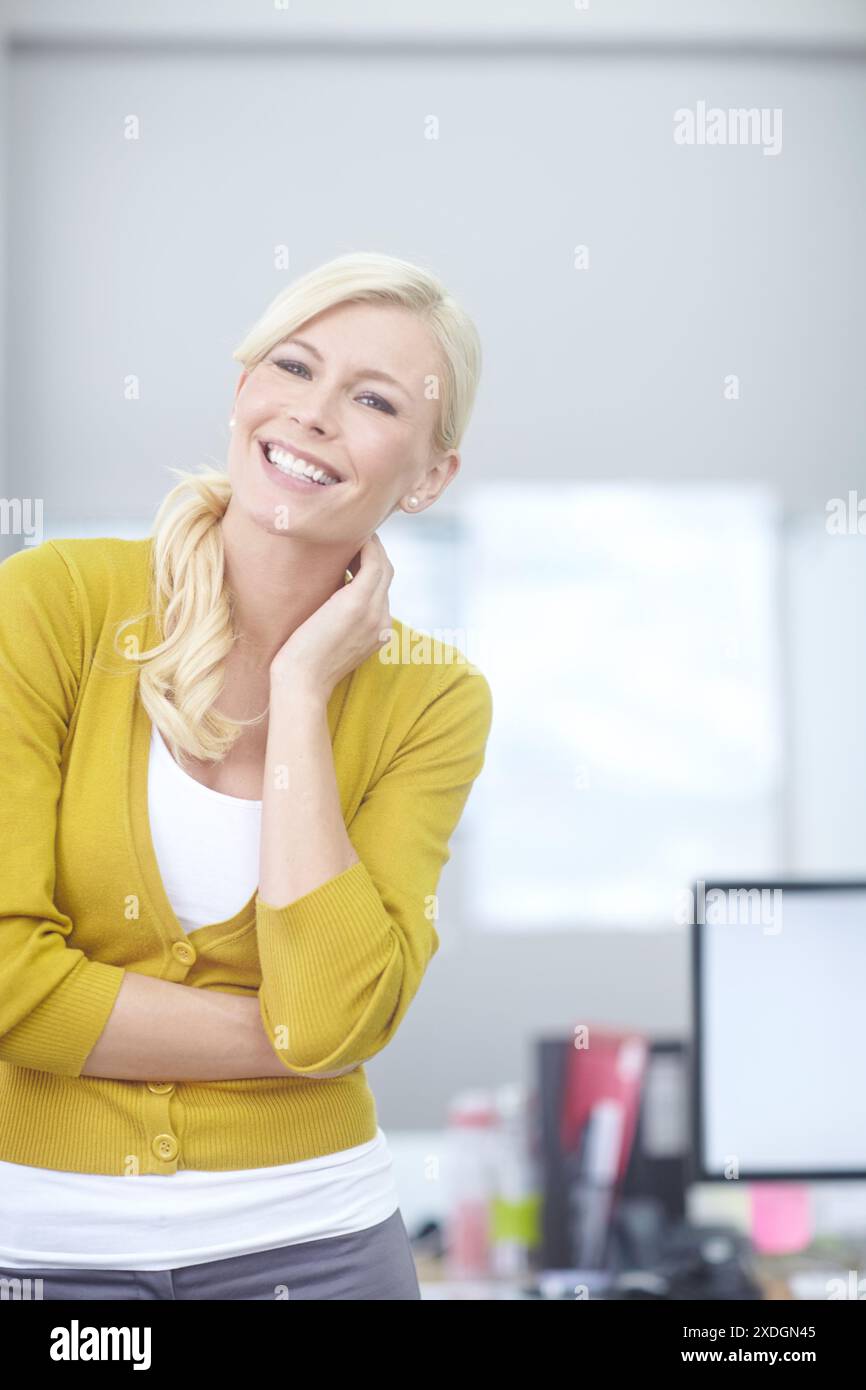 Company, portrait and smile with web developer woman in office for ...