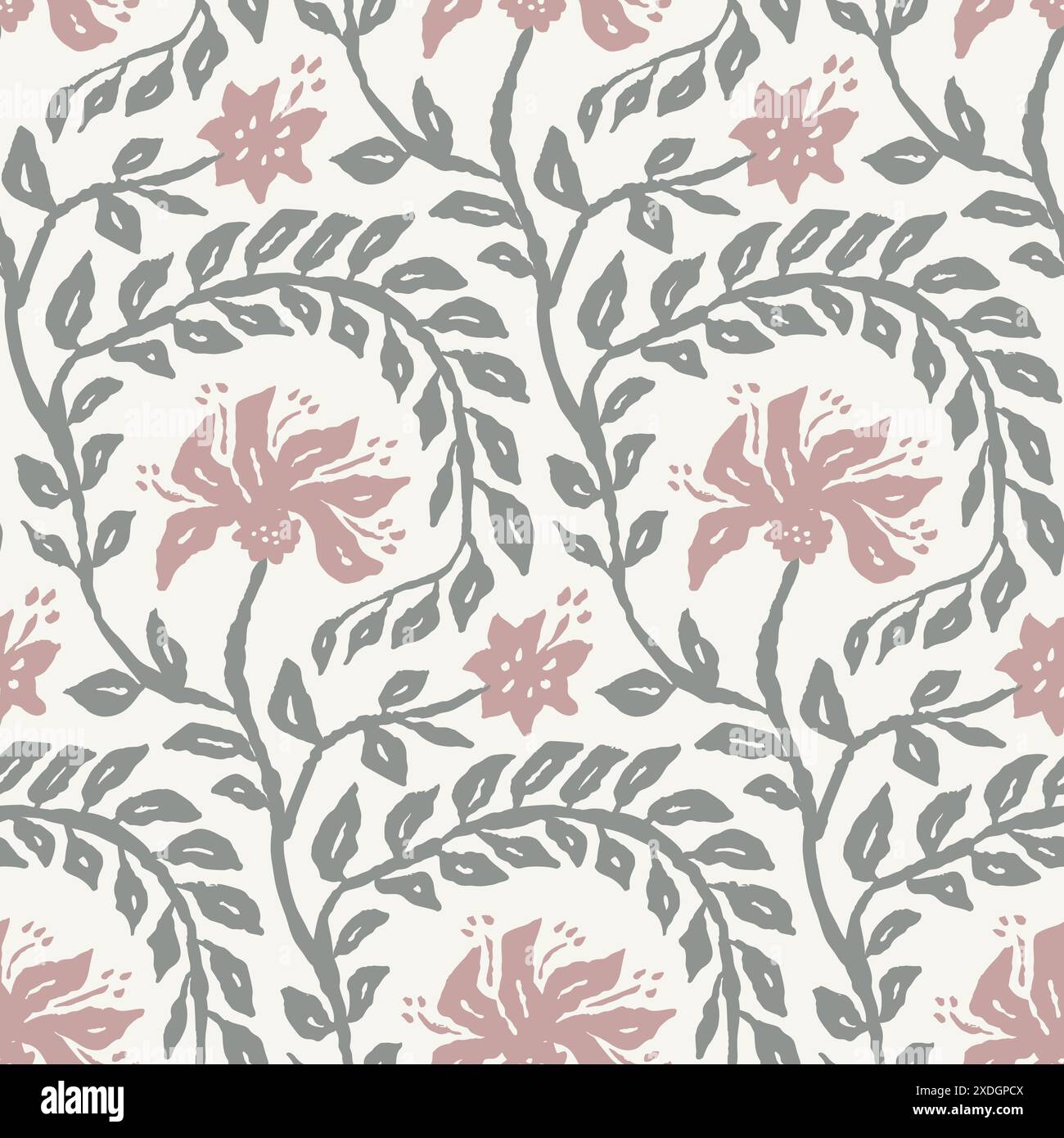 Inky brush strokes vintage green and pink flowers seamless pattern ...