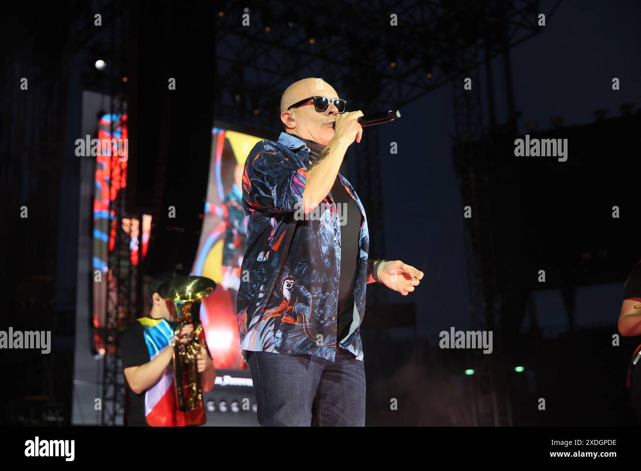 Italian singer Max Pezzali performing on stage during his “Max Forever ...