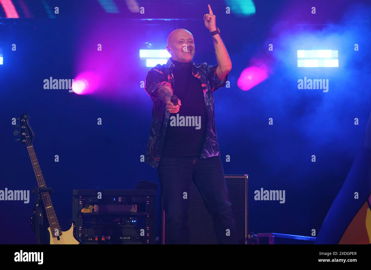 Italian singer Max Pezzali performing on stage during his “Max Forever ...