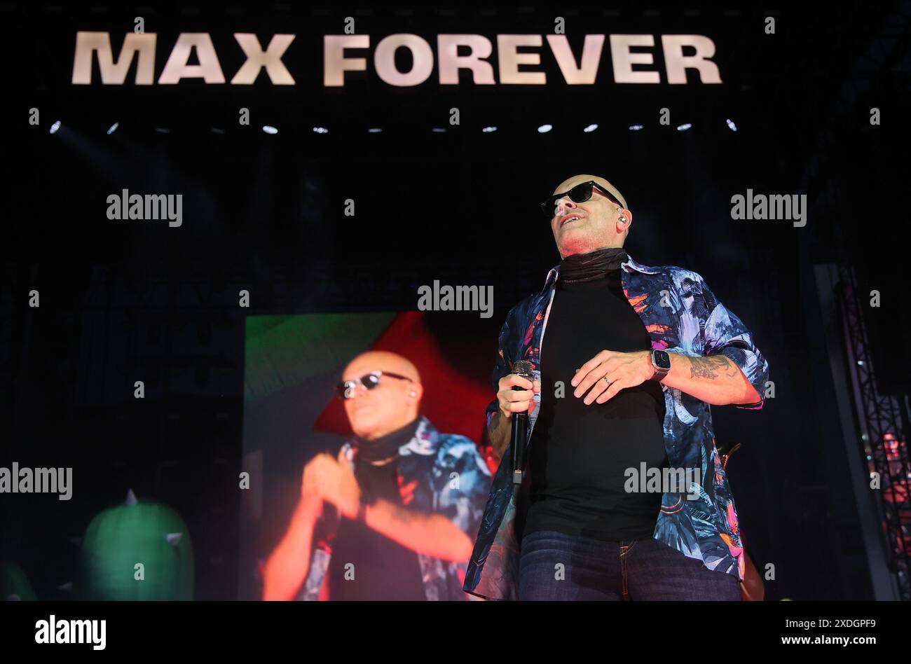 Italian singer Max Pezzali performing on stage during his “Max Forever ...