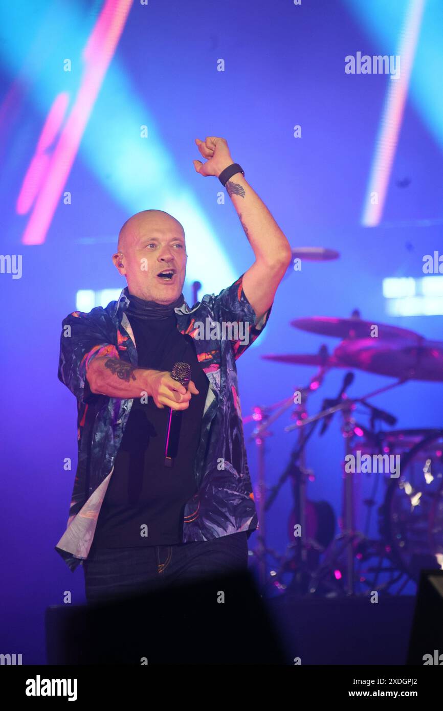 Italian singer Max Pezzali performing on stage during his “Max Forever ...