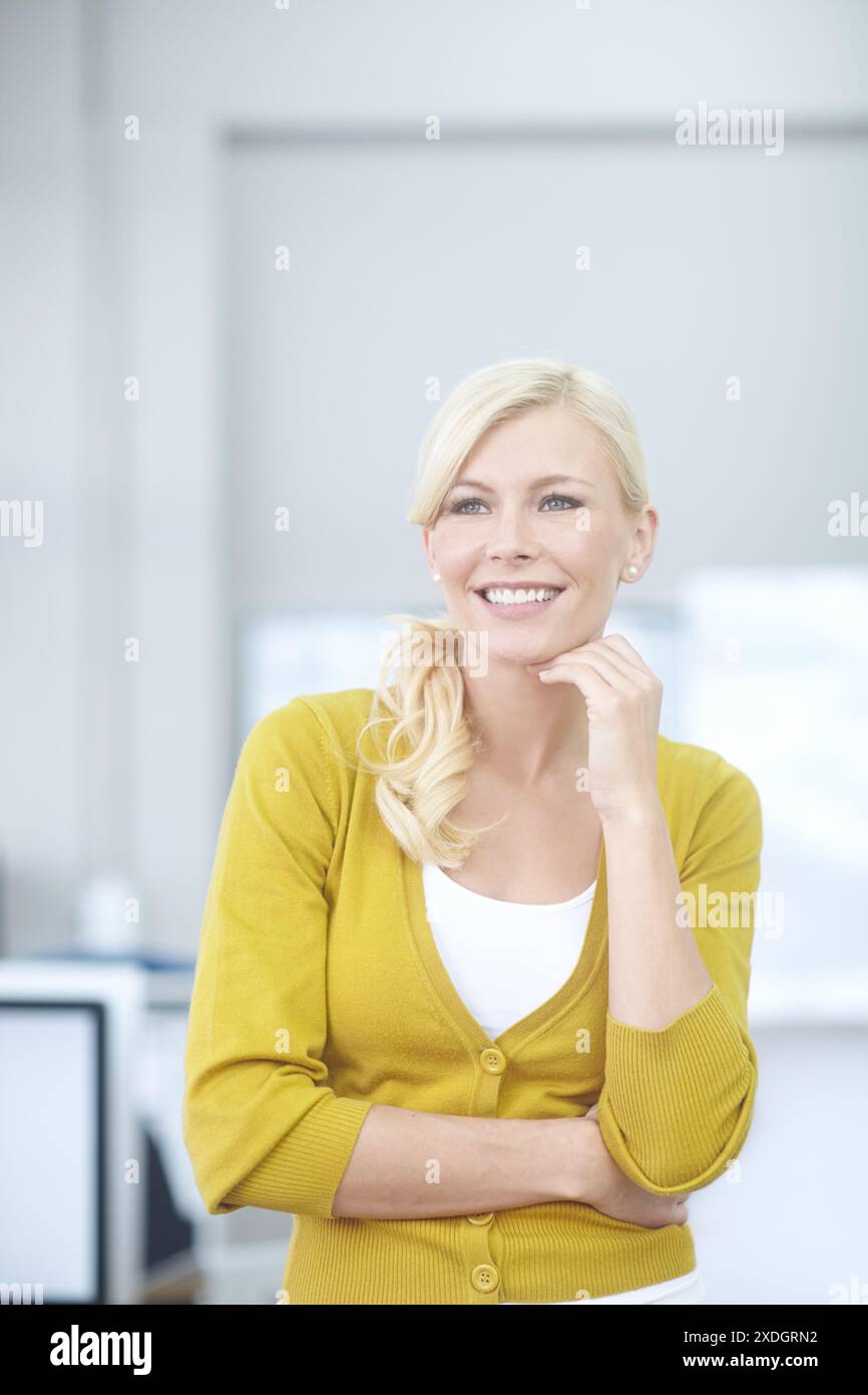 Woman, office and hand with smile for thinking, secretary with ...