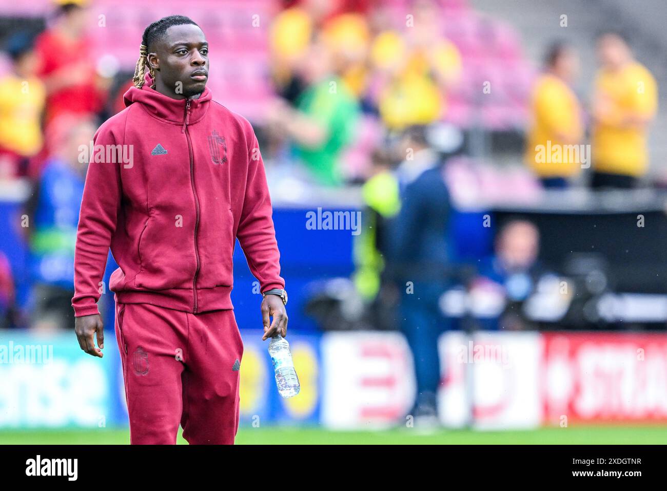 Jeremy Doku (22) of Belgium inspecting the pitch before a soccer game ...