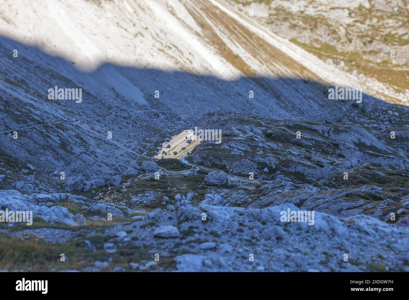 Tilt shift effect of lake near rocky ridges of Pala di Popera Mountain ...