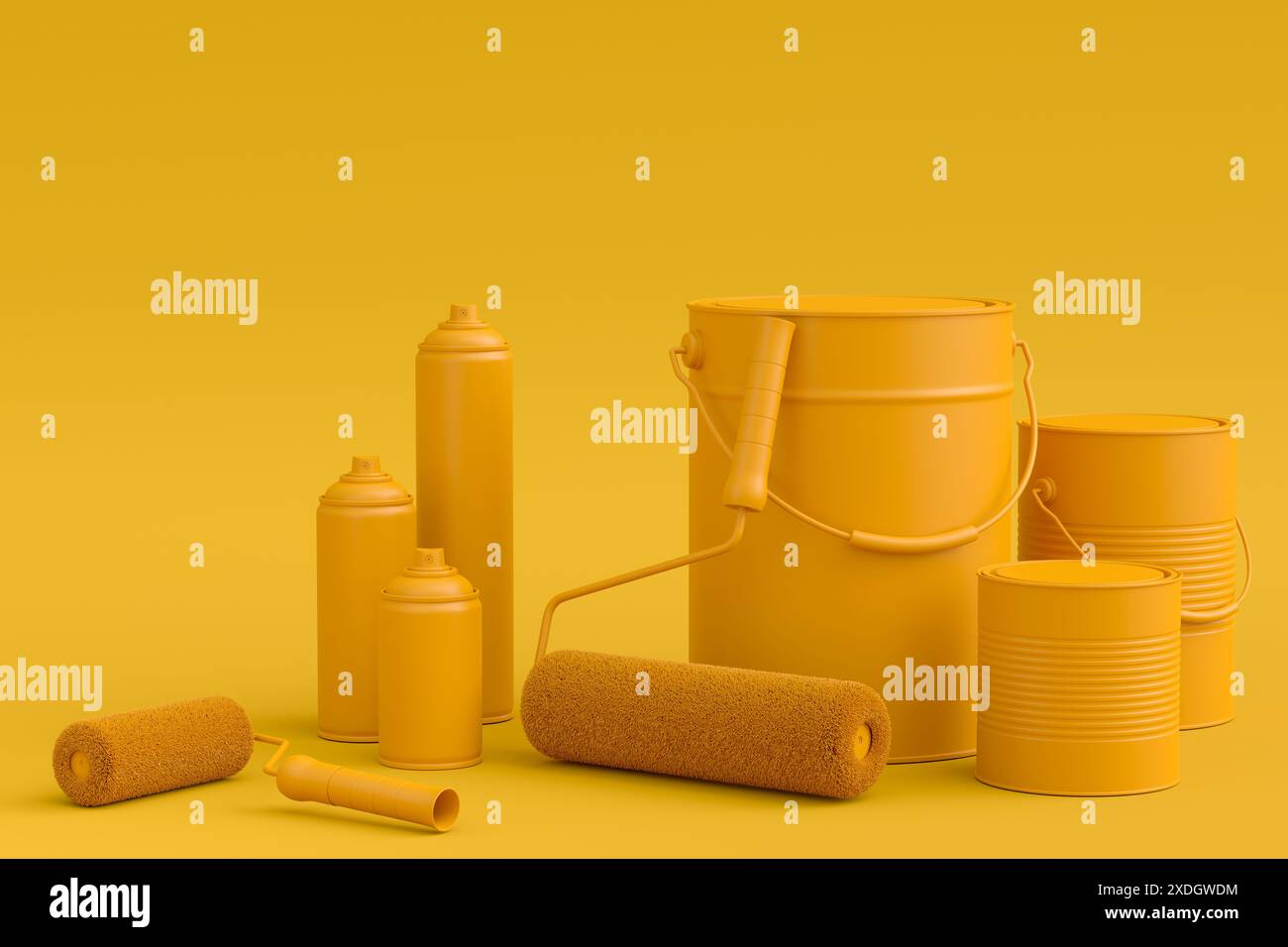 Set of metal and plastic buckets, spray paint, paint roller and brush ...