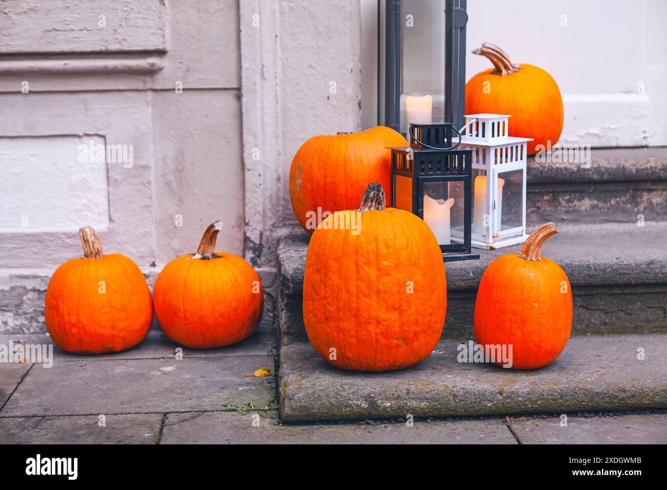 Row of pumpkins are on a step, with a lantern in the middle. Showcasing ...