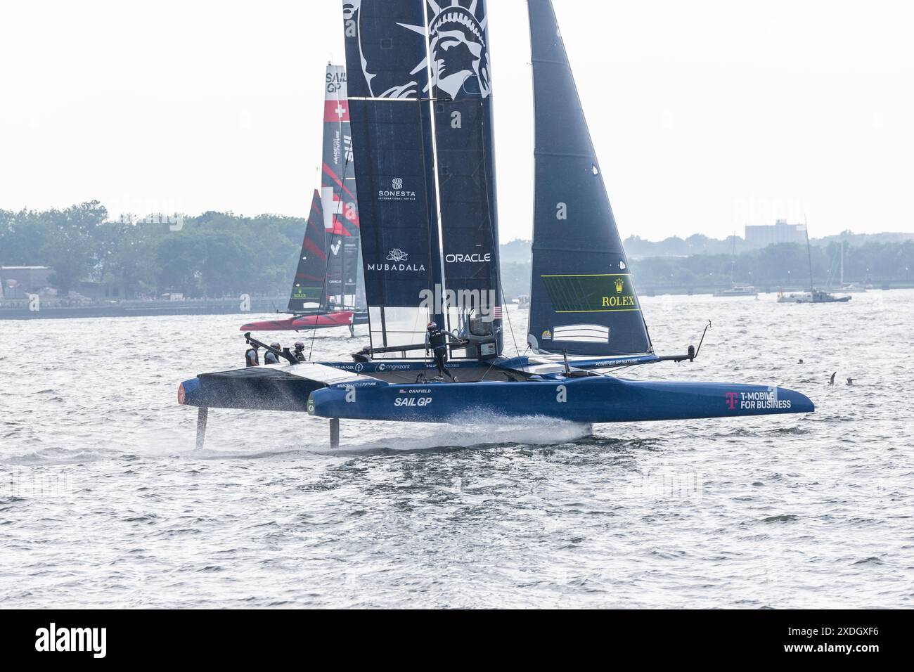USA boat races during SailGP first day in New York harbor on June 22 ...