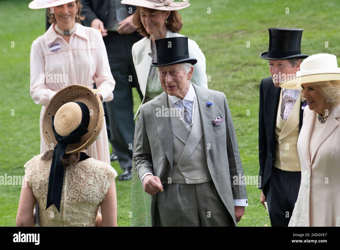 Ascot, UK. 22nd June, 2024. The King and Queen Camilla chat to TV Racing presenter Francesca ...