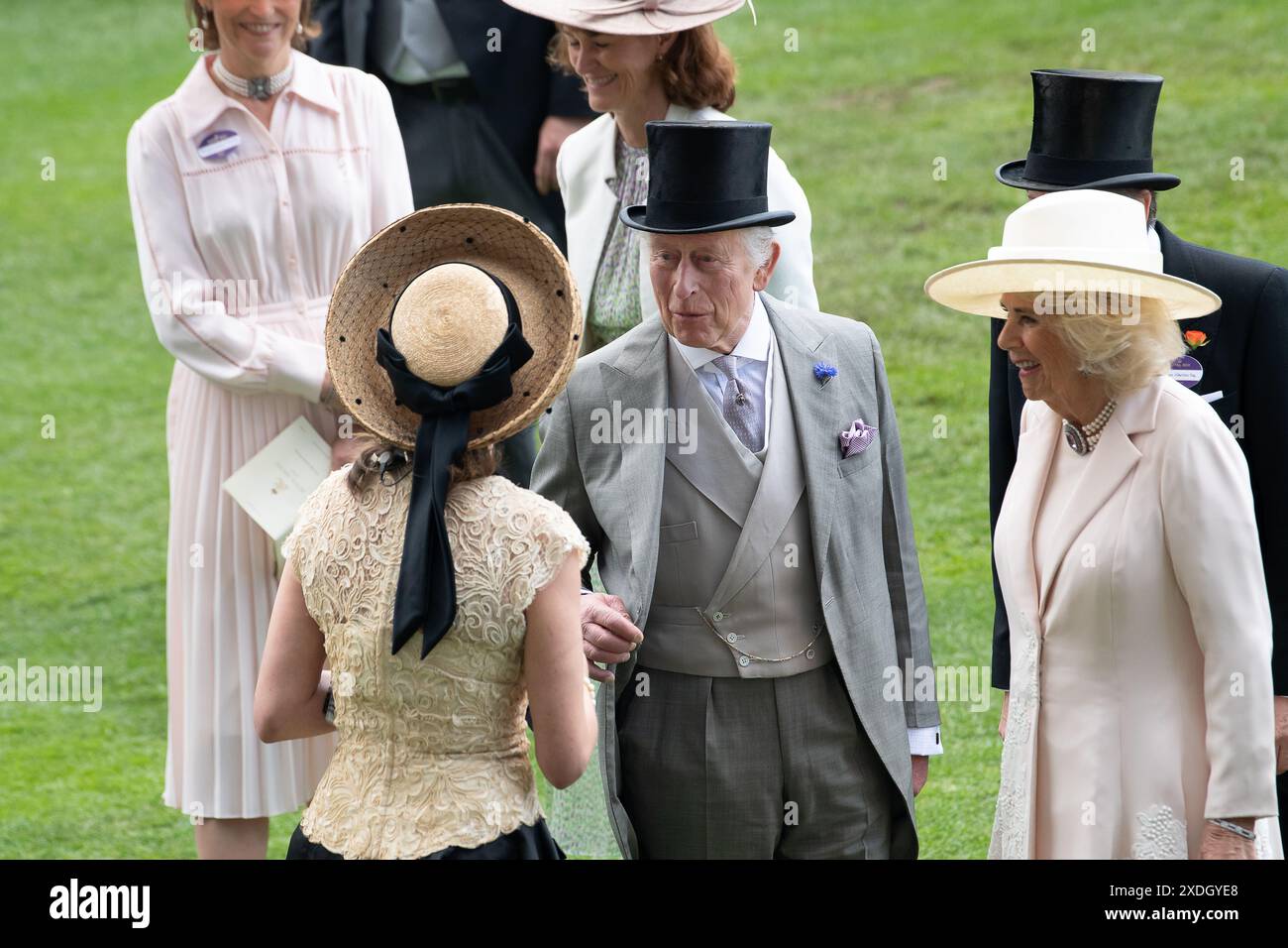 Ascot, UK. 22nd June, 2024. The King and Queen Camilla chat to TV Racing presenter Francesca ...