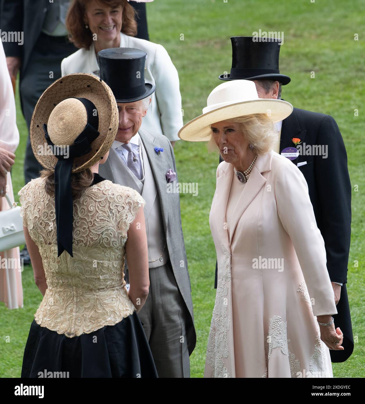 Ascot, UK. 22nd June, 2024. The King and Queen Camilla chat to TV Racing presenter Francesca ...